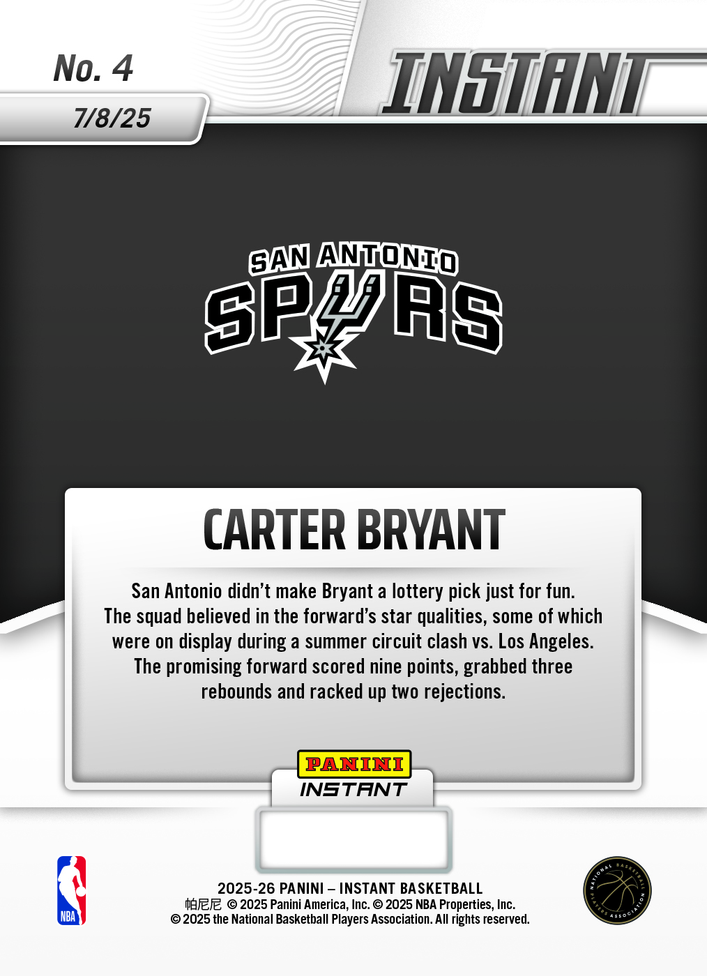 Carter Bryant - 2025-26 Panini Instant NBA #4 - Water /10 Auto