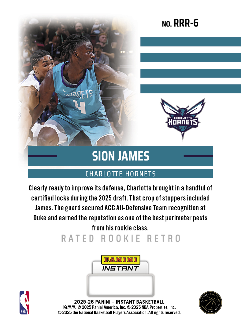 Sion James - 2025-26 Panini Instant NBA Rated Rookie Retro #6 - Black 1/1