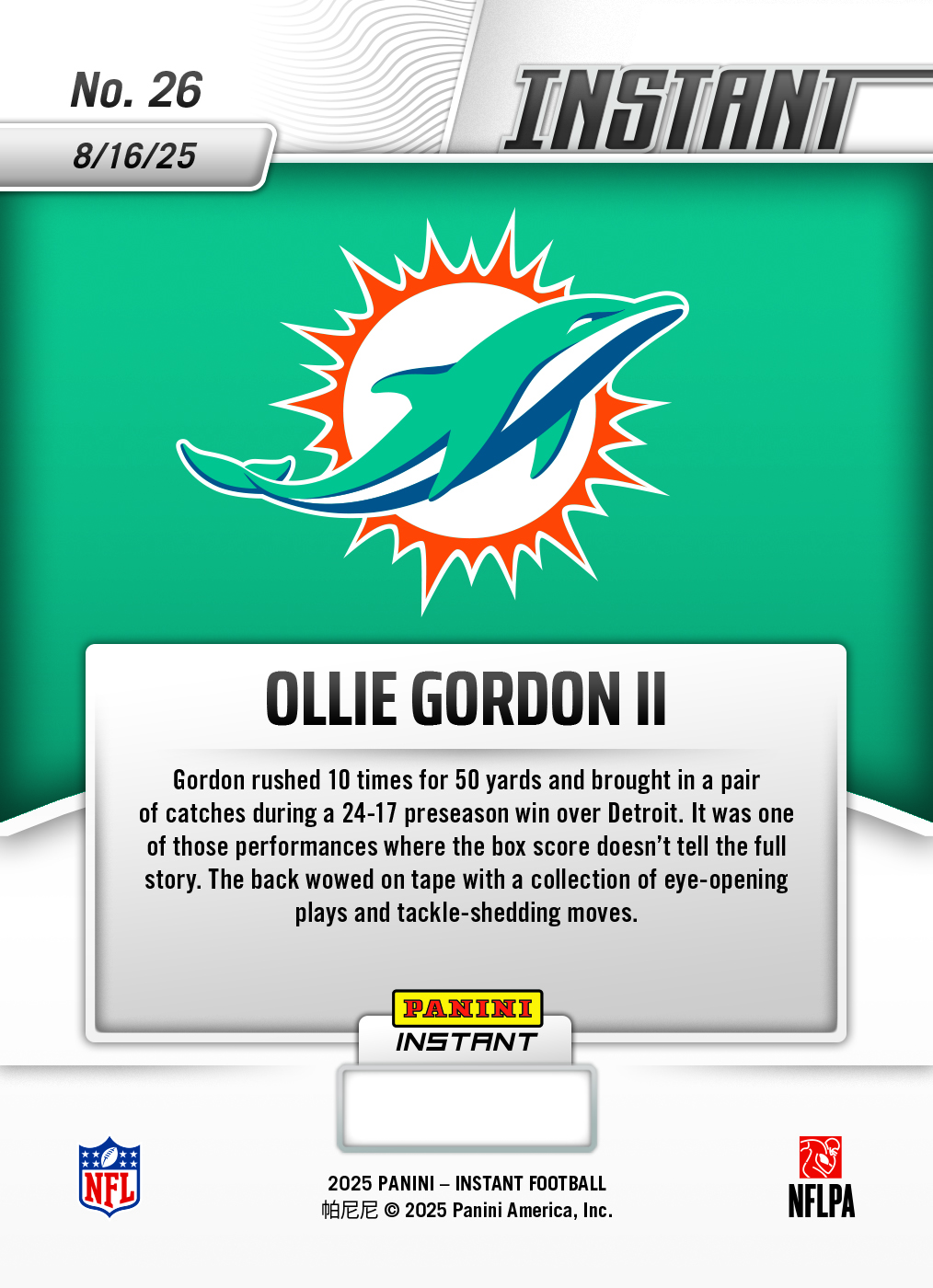 Ollie Gordon II - 2025 Panini Instant NFL #26 - Base Card 10-pack