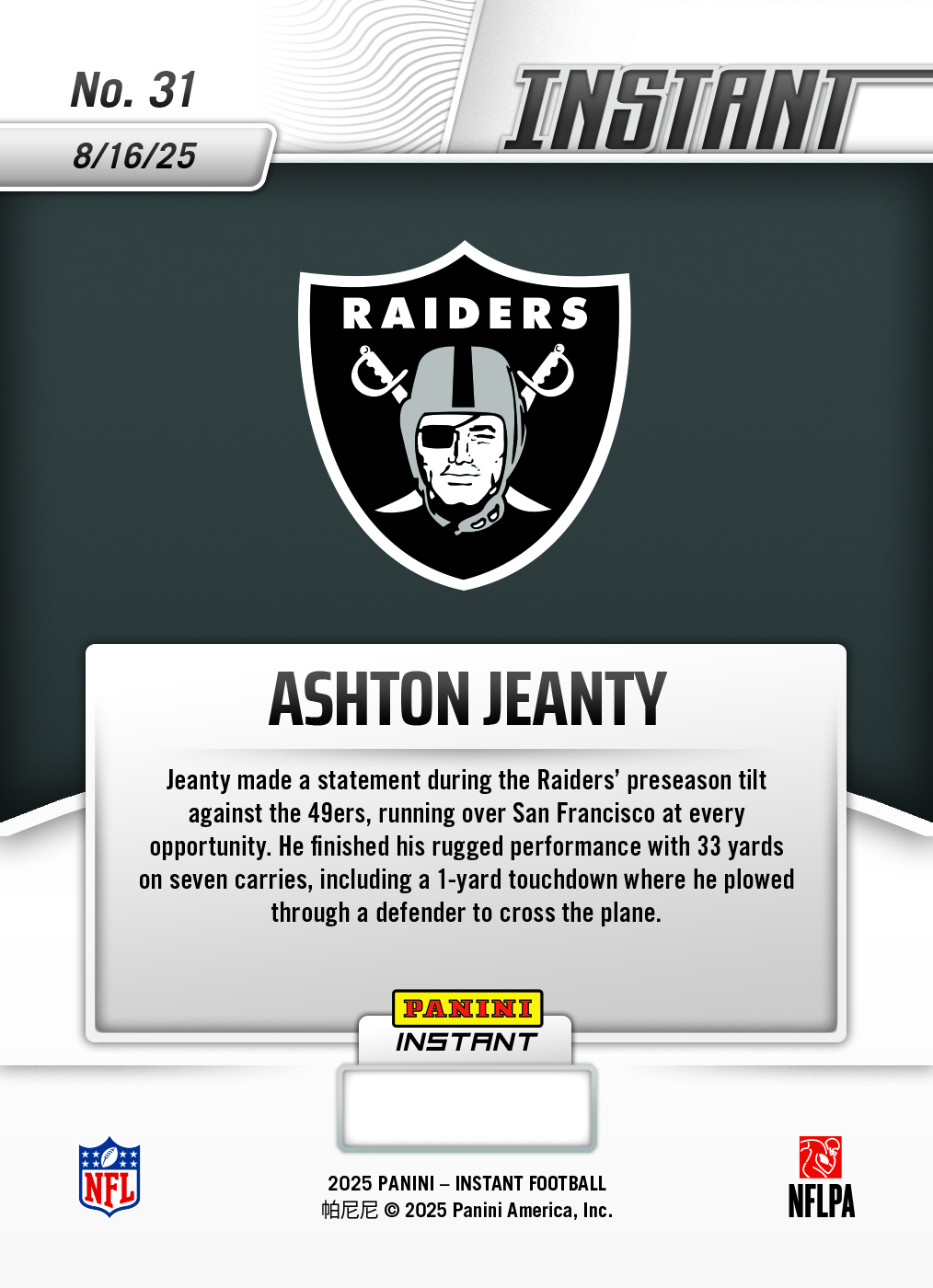 Ashton Jeanty - 2025 Panini Instant NFL #31 - Water /10 Auto
