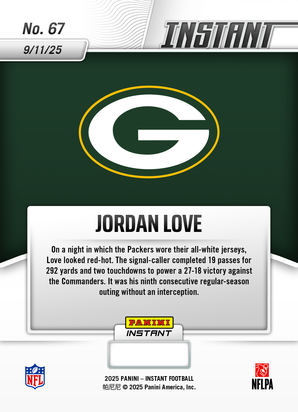 Jordan Love - 2025 Panini Instant NFL #67 - Base Card